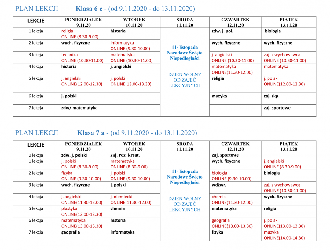 Plan lekcji: klasy 1- 8 (z lekcjami online) – od 9 listopada (aktualizacja) | Zespół Szkół w ...